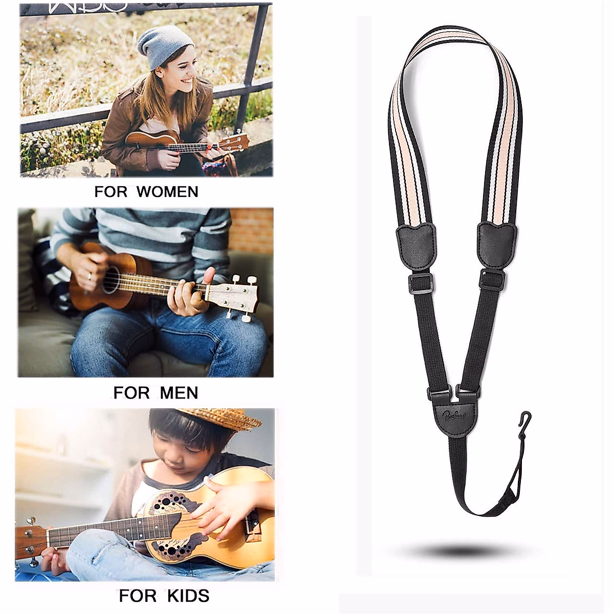 BestSounds Ukulele Strap - Adjustable Neck Strap in Various Length & Classic Style for Clip on Soprano Concert Tenor Ukulele (Champagne/White)