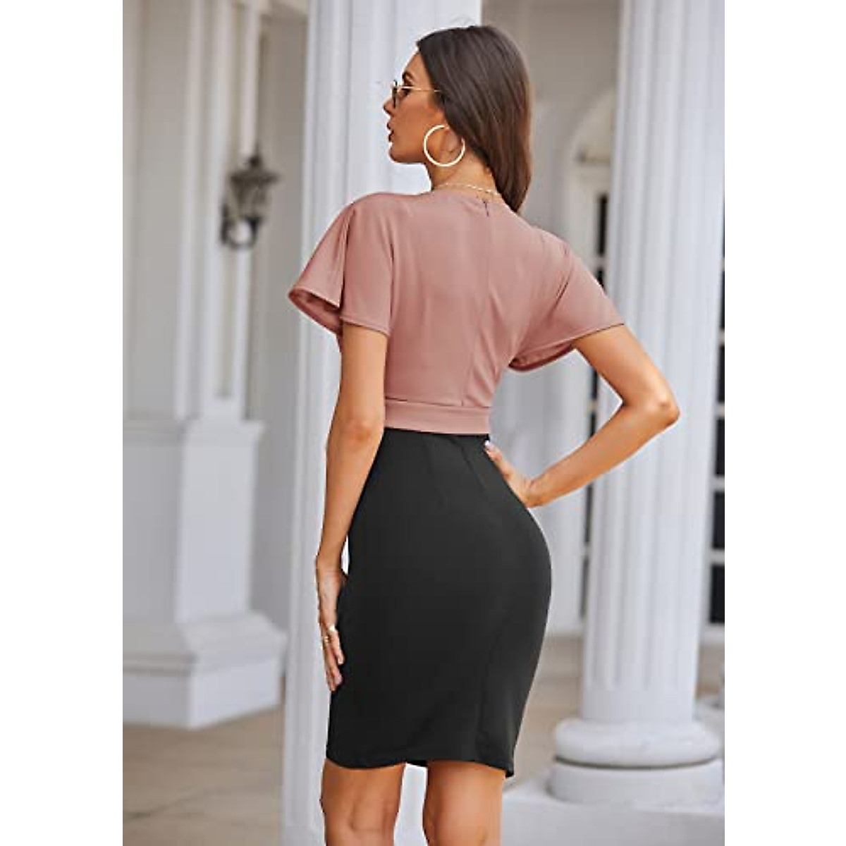 Wedding Guest Dress for Women Vintage Short Sleeve Slim Fit Belted V Neck Wrap Dresses Pink Black L