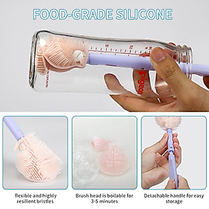 Baby Bottle Brush, VOOWO Portable Travel Bottle Cleaner Kit, Silicone Baby Bottle Cleaner Brush Set with Baby Bottle Brush for Cleaning, Nipple Brush, Straw Cleaner, Bottle Soap Dispenser (Purple)
