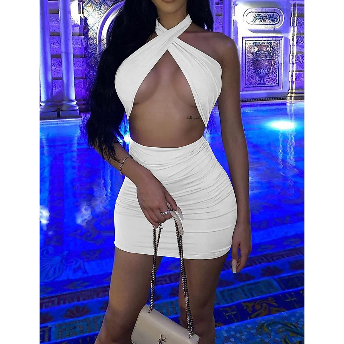 Women's Sexy Ruched Bodycon Halter Criss Cross Cut Out Backless Mini Club Party Dresses, Medium, White