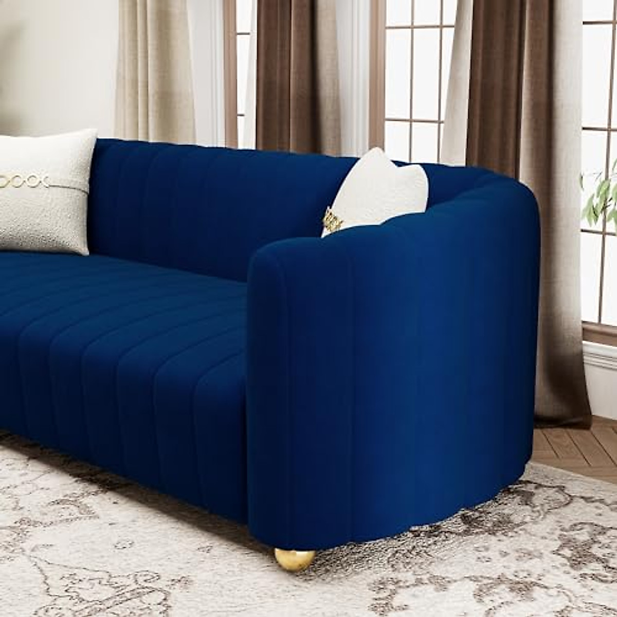 yunqishi KEAI 83.46" Velvet Couch for Living Room Large Modern Sofa with Gold Metal Sphere Legs Office Upholstered Comfy 3 Seater Couches Cute Sherpa Bedroom Furniture (Blue)