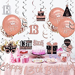 WOJOGO 13th Birthday Decorations for Girls Boys, Rose Gold 13 Birthday Decorations Kit, Teenager Happy 13th Birthday Banner Hanging Swirls Birthday Cake Topper Balloons for Party Supplies