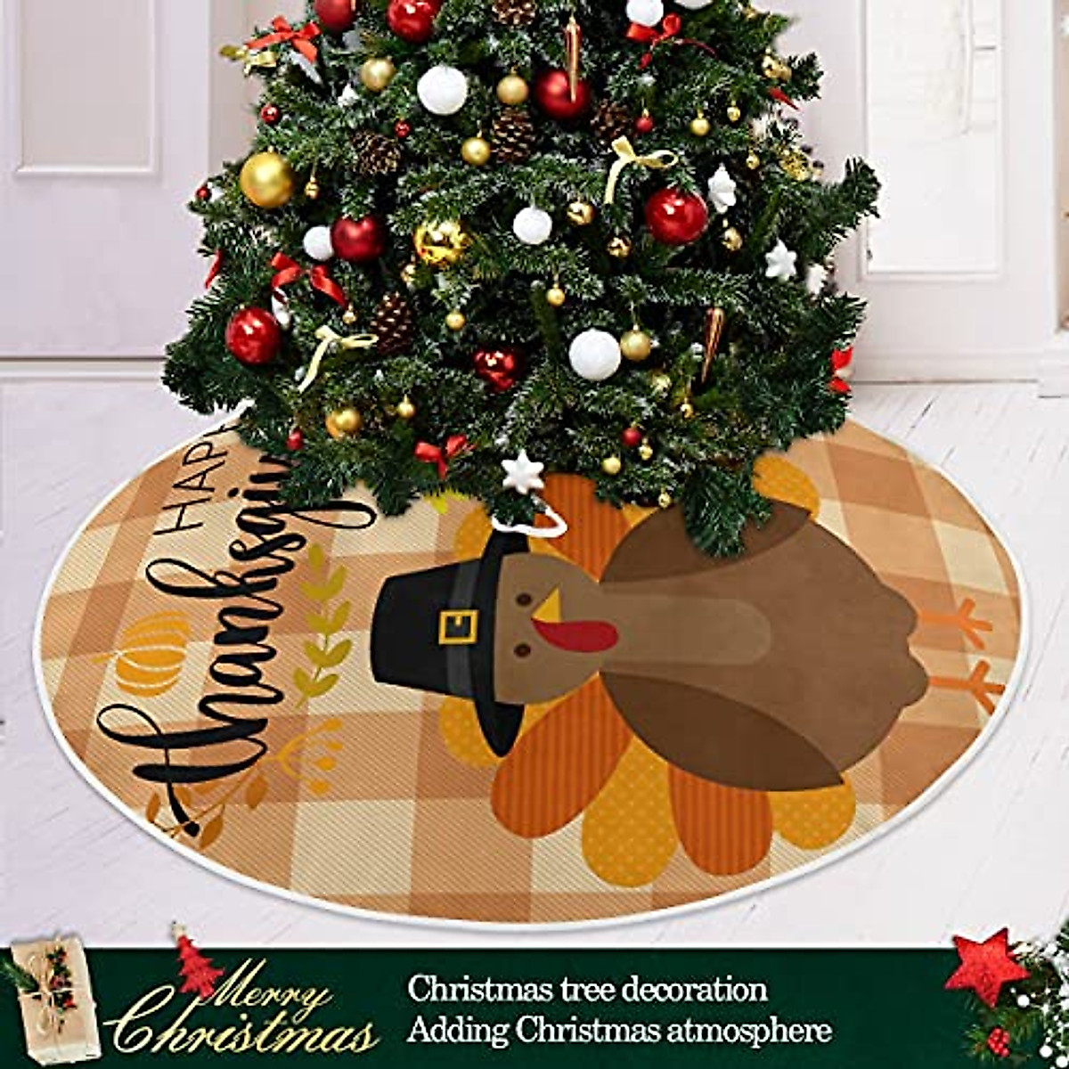 Happy Thanksgiving Day Pumpkin Turkey Christmas Tree Skirt Decorations Fall Maple Leaves Sunflower Buffalo Plaid Xmas Tree Mat 35 inch for Holiday Party Supplies Rustic Ornaments Mini Tree Skirt
