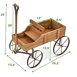Giantex Decorative Garden Planter, Small Wagon Cart with Metal Wheels, Wood Raised Beds Plant Pot Stand for Backyard Garden Patio 24.5"x13.5"x24" (Natural)