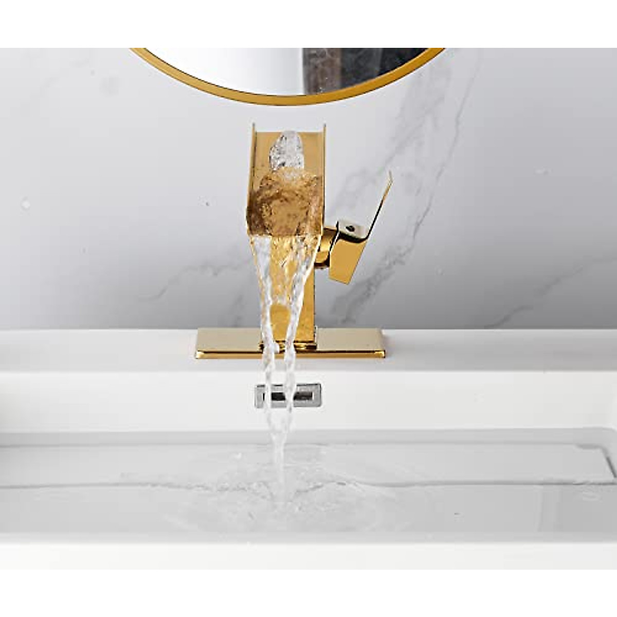 Bathroom Sink Faucet Gold Single Handle 1 or 3 Hole 4 Inch Waterfall Open Spout Bathroom Faucets Modern Brass Lavatory Bath RV Vanity Sink Faucets Basin Mixer Tap with Supply Line Cover Plate
