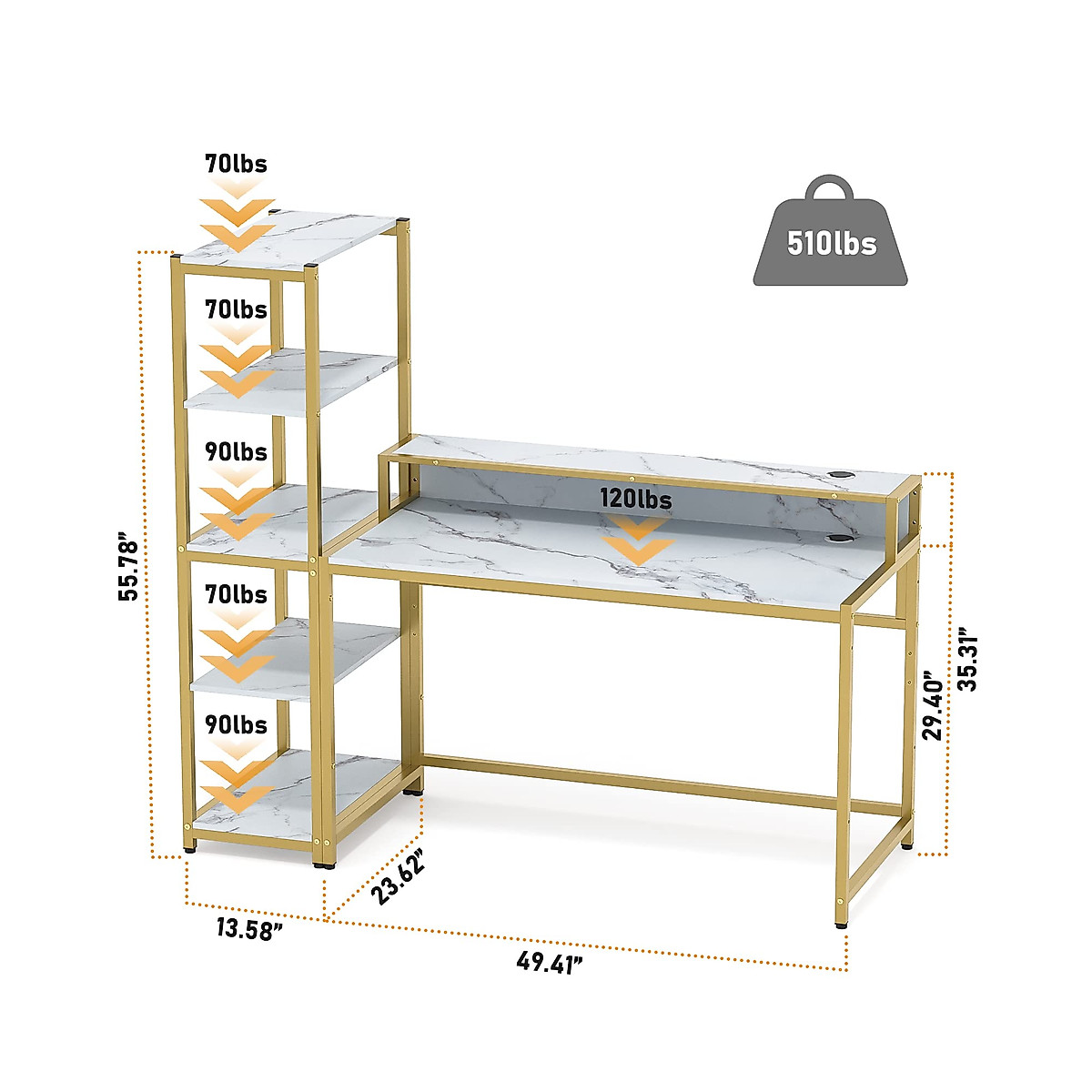Teraves Computer Desk with 5 Tier Shelves,Reversible Writing Desk with Storage 49 Inch Study Table for Home Office Independent Bookcase and Desk for Multiple Scenes (White Marbling+ Gold Frame)