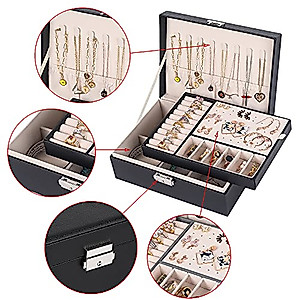 Jewelry Box for Women: Leather with Lock 2 Layer Portable Jewelry Organizer and Box Storage Case Necklaces Bracelets Rings Earring Holder Black