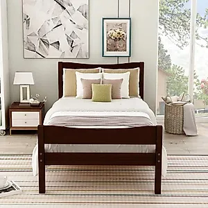 Anwickmak Twin Bed Frames with Headboard and Footboard, Wood Platform Kids Twin Bed, Single Bed Frame with Slat Supports, No Box Spring Needed (Espresso)