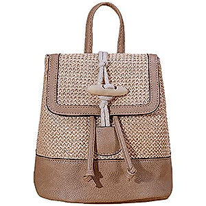 Anopo Women Straw Beach Backpacks Purse Woven Handmade Bohemian Adjustable shoulder Bag for Casual Holiday Travel School-C Horn Buckle-Khaki