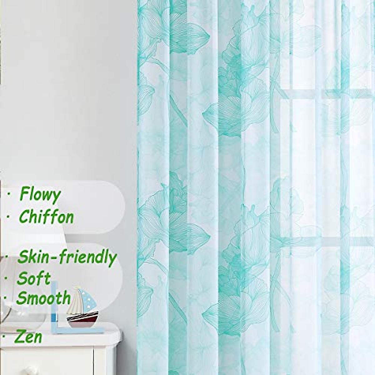 Treatmentex White Blue Print Sheer Window Curtains for Living Room Bedroom Floral Botanical 96 inches Long Soft Chiffon Drapes for Summer Semi Sheer Curtains 2 Panels Rod Pocket Aqua