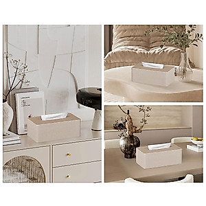 GOLRANLYE Tissue Box Cover Rectangular 9.8"(L) x 5.3"(W) x 4.3"(H) Refined Modern PU Leather Facial Tissue Dispenser Box Holder for Dresser Bathroom Decorative (Beige)