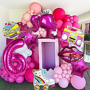 8pcs Hot Pink Princess Foil Number Balloon Lip Happy 6th Birthday Girl Head Balloons Photo Prop For Barbie Theme Party Decorations Box Photo Booth Backdrop Pink Little Girl Makeup Supply (Number 6)