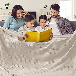 PHF 100% Cotton Waffle Blanket Oversized King 120"x120", Lightweight Breathable Extra Large 10'x10' Blankets for Bed, Giant Big Luxury Aesthetic Woven Bedding for Home Decor, Oatmeal