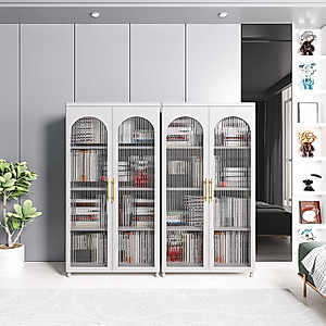 4-Tier Glass Cabinet, Metal Kitchen Pantry Cabinet with Tempered Glass Doors, Modern Accent Cabinet with Doors, Kitchen Cabinet with Adjustable Feet & Shelves, Bar Cabinet, White Pantry （White）