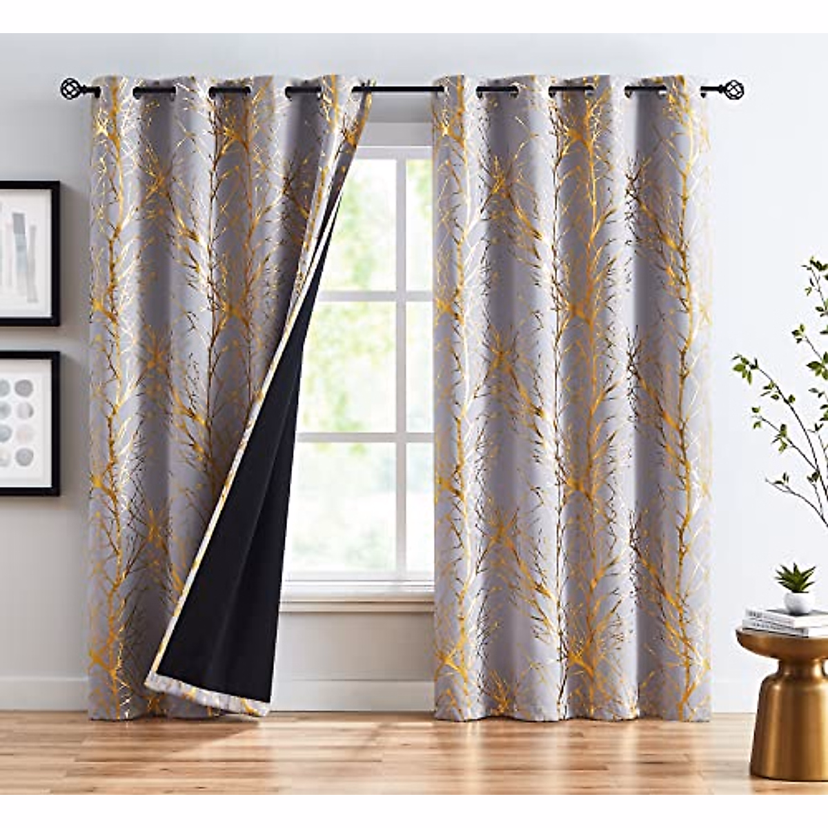 FMFUNCTEX Branch Grey Blackout Curtain Panels for Bedroom 84" Foil Gold Tree Branch Window Curtains Metallic Print Energy Efficient Thermal Curtain Drapes for Guest Living Room Grommet Top 2 Panels