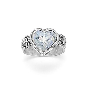 Ancient Roman Glass Ring Heart and Flower Design Sterling Silver, 7