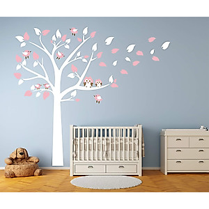 LUCKKYY Cute Owls with Birds Stand on The Tree Wall Decals Tree Wall Decals Tree Wall Sticker for Kid Baby Nursery Room (87x78") (Pink.)