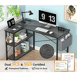 Mr IRONSTONE L Shaped Desk with Outlets & USB Ports, Reversible 47 Inch Office Desk, Corner Desk for Small Space, Home Office Desk with Storage Bag & Hook, Black Oak