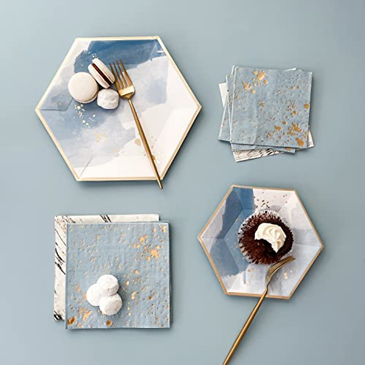 Harlow & Grey Malibu Watercolor Small Party Plates Set, 8 Ct Pack, 8” Elegant Disposable Paper Dinnerware Supplies for Birthday, Wedding, Shower, Anniversary, Engagement, Holiday, Blue & Gold