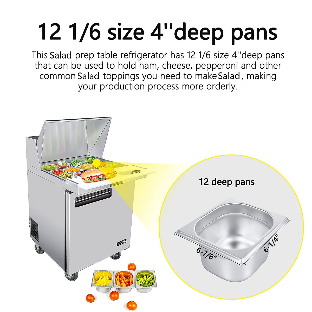 KITMA 28" W Sandwich/Salad Prep Table Refrigerator, Single Door Salad Prep Table with 7.5 Cu.Ft Commercial Refrigerator Base, Cutting Board, and 12 Pans Capacity (33 °F - 38°F)