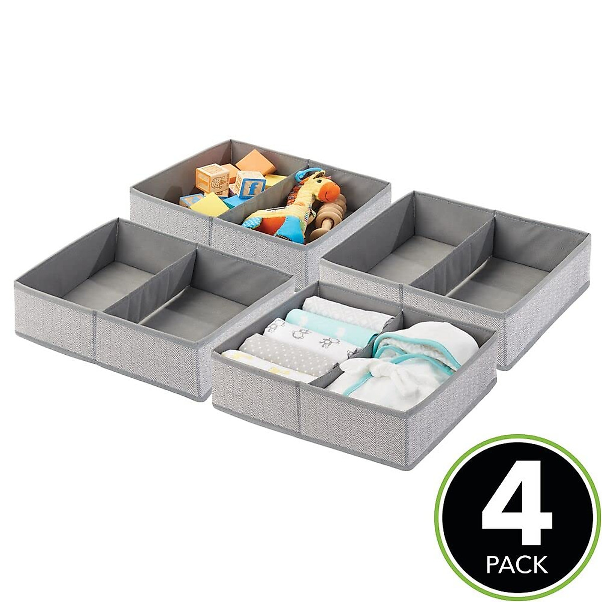 mDesign Fabric Drawer Organizer Bin Dividers for Baby Nursery Dresser, Closet, Organization - Bins Hold Clothes, Diapers, Cream, Toy, Blankets - 4 Pack, Gray Herringbone