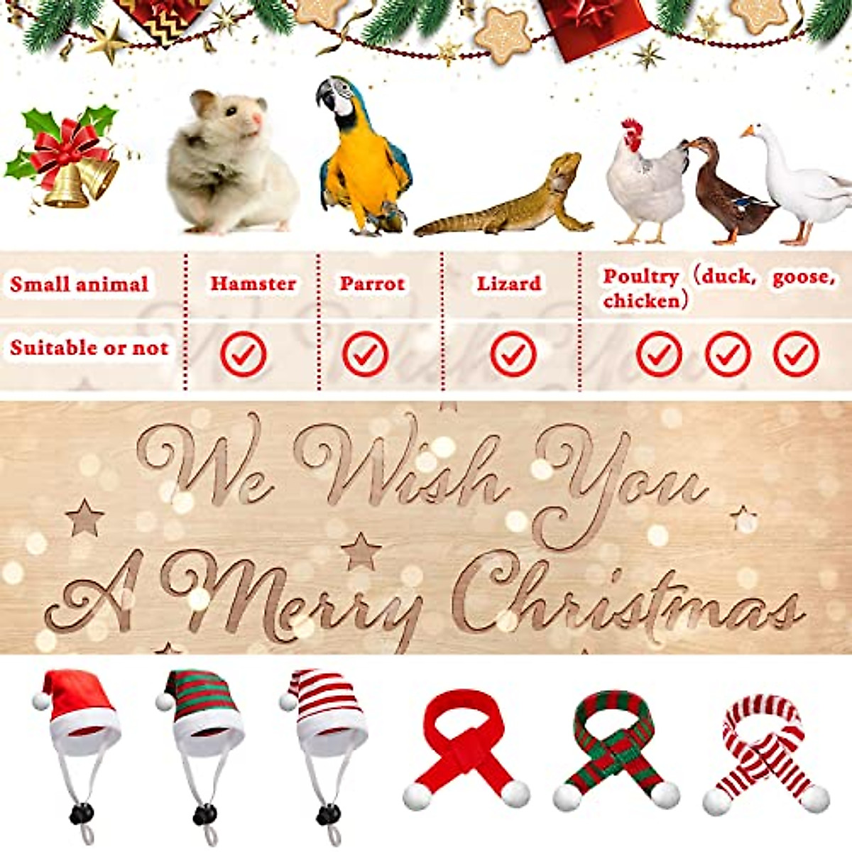 12 Pcs Christmas Pet Chicken Hat Scarf Set Mini Red Green Santa Hat Scarf Xmas Small Animal Hat with Adjustable Chin Strap for Hen Duck Hamster Guinea Pig Kitty Puppy Parrot(Stripe Style, Small)