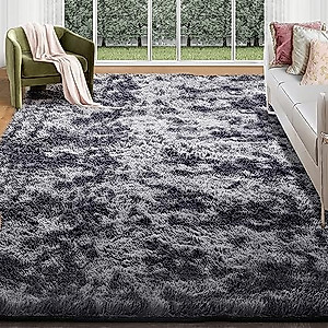 Luxury 8x10 Large Area Rugs for Living Room, Super Soft Fluffy Modern Bedroom Rug, Big Indoor Thick Soft Nursery Rug, Non-Skid Nursery Faux Fur Carpet for Kids Room Home Décor, Tie-Dyed Dark Gray
