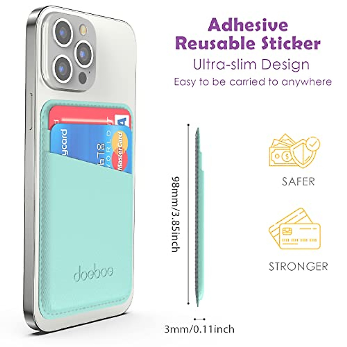 doeboe Leather Phone Card Holder for Back of Phone, Credit Card Case Stick on Cell Phone, Strongly Adhesive Phone Wallet Sleeve, Compatible with iPhone 14, Samsung, Android, All Smartphones (Mint)
