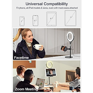 Elitehood iPad Stand with Ring Light for Online Video Conference, 3 Colors & 10 Brightness Computer Ring Light, Adjustable Desktop iPad Holder Stand for iPad Pro 12.9 11 Air Mini and 4-13’’ Tablet