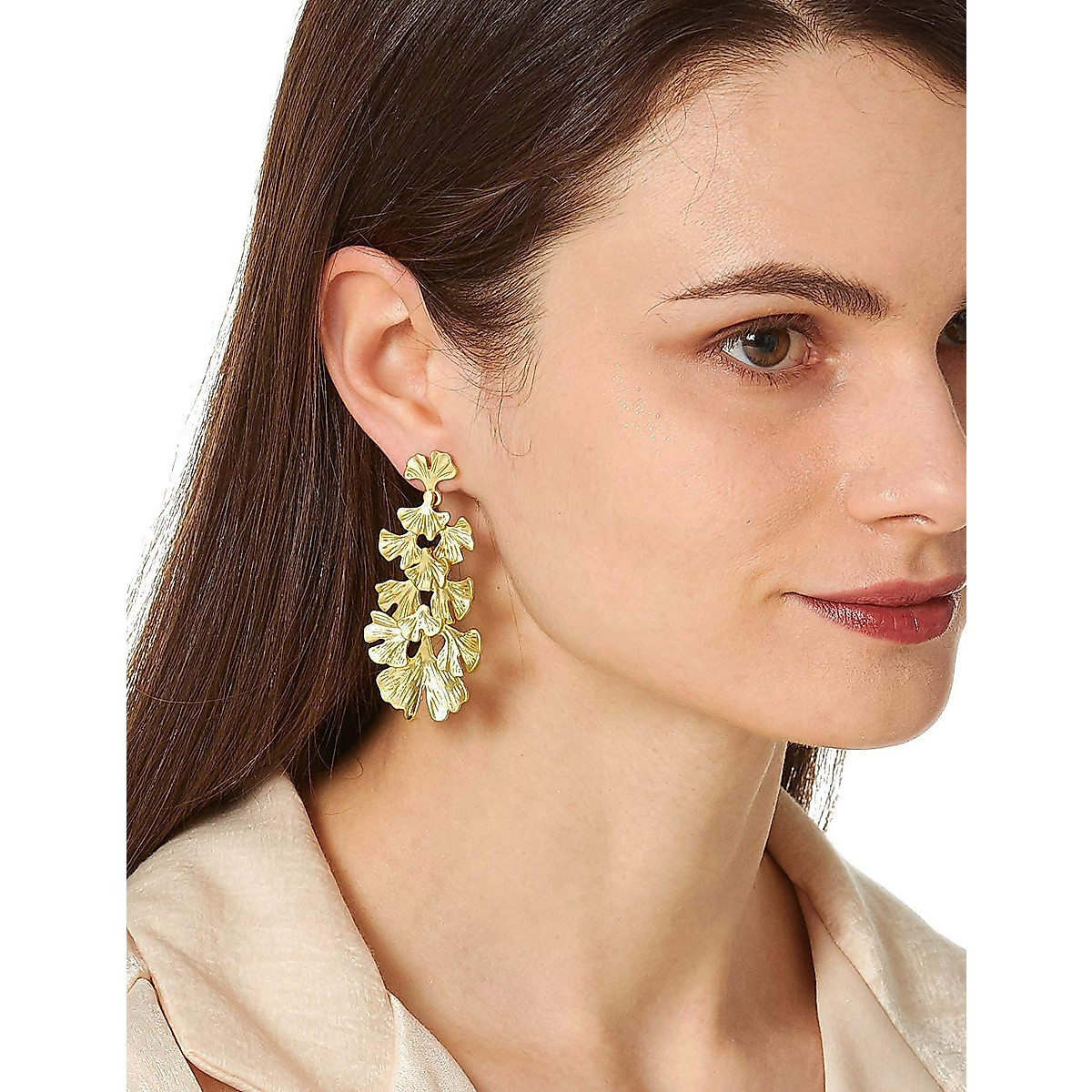 Vintage Earrings for Women Matt Metal Ginkgo Biloba Textured Statement Earring 14K Gold Plated Dangle Earrings with Stud for Women Wedding Valentine's Day Anniversary Birthday Mothers Day Christmas