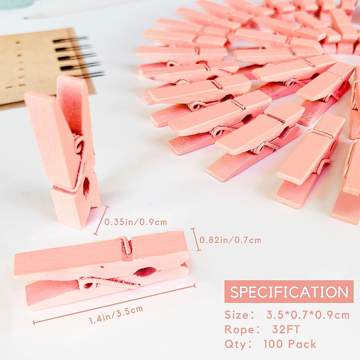 Clothes Pins Mini Clothespins Pink - 100 PCS Wooden Small Clothespins for Pictures with Jute Twine Tiny Photo Paper Clip, Ideal for Baby Shower, Crafts, Chip Clips, Home Office Decoration