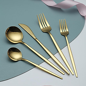 Evanda Gold Silverware Set 60 Piece Service for 12, Titanium Gold Plated Stainless Steel Flatware Set, Knives Forks Spoons Cutlery Set for Wedding, Parties, Birthday, Restauroom, Dishwasher Safe