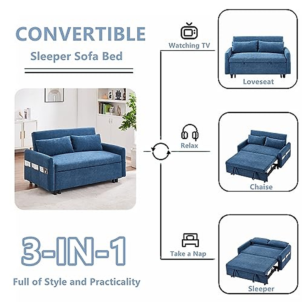 Gynsseh Pull Out Sofa Sleeper, 3 in 1 Convertible Sleeper Sofa Bed with 2 Pillows and Storage Pockets, Microfiber Love Seat Lounge Sofa Bed for Small Space, Living Room, Blue