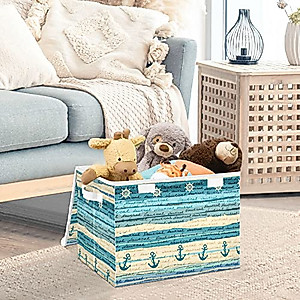 DOMIKING Nautical Large Storage Bin with Lid Collapsible Shelf Baskets Box with Handles Storage Cube for Clothes Toy Gift Storage
