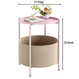 Fixwal Round Side Table, Bedside Table, Pink Nightstand, Metal Side Table with Fabric Storage Basket, Small End Table with Removable Tray, Dresser for Kids Bedroom, Nursery, Laundry