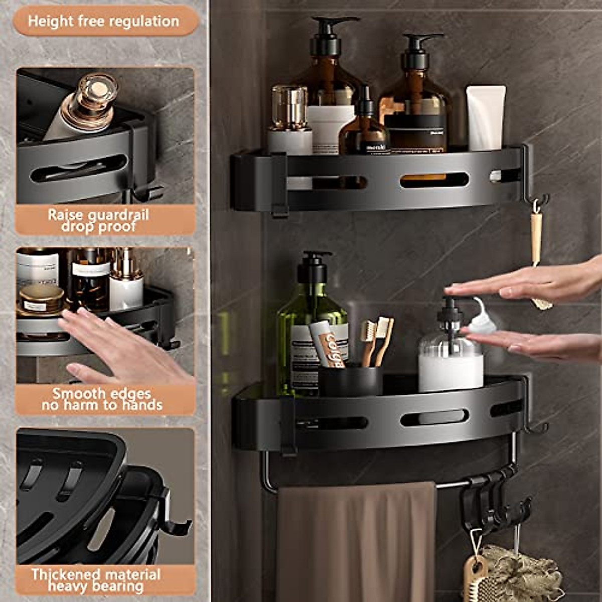 FAYYGYH Corner Shower Caddy, Bathroom Shower Basket, Adhesive Wall Mounted Shelves With Movable Hooks,Stainless Steel Bath Bathroom Kitchen Storage Shower Organizers, 2 Pack(gun Grey)