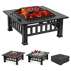 32in Fire Pit Set Wood Burning Pit 3 in 1 Patio Firepit Table BBQ Garden Stove for Outside Wood Burning and Drink Cooling