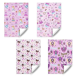 Princess Dressed in Pretty outfits On Pink Gift Wrapping Paper Flat Sheets (4-Sheets, 4-Designs: 15 sq. ft. ttl)-For Girls Baby Shower, Birthday, Christmas Holiday Gift Wrap, Princess Party Supplies and More