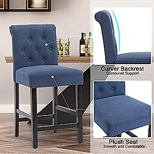 LSSBOUGHT 24 Inches Upholstered Counter Stools, Bar Stools Set of 2, Fabric Counter Stools with Back, Counter Height Bar Chairs with Solid Wood Legs for Home Kitchen Island Dining Room, (2pcs,Blue)