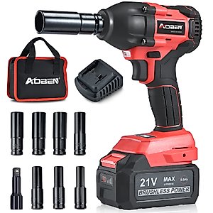 AOBEN 21V 1/2 Cordless Impact Wrench, High Torque Brushless Impact Wrench Set, Max Torque 450 ft-lbs (600N.m), 4.0Ah Li-ion Battery, 7 PCS Sockets 1 Extension Bar, Fast Charger and Tool Bag
