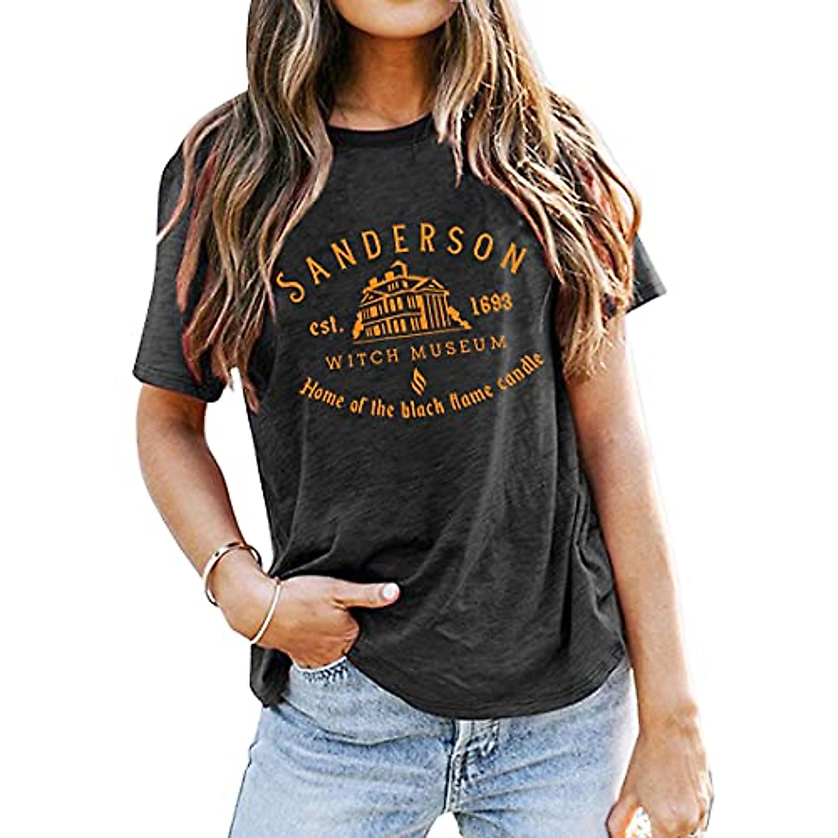 Halloween T Shirt Women Sanderson Letter Print Graphic T-Shirt Hocus Pocus Tees Tops(Grey,Medium)