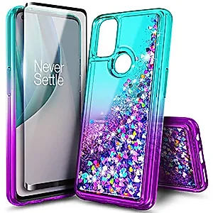 NZND Case for OnePlus Nord N10 5G with Tempered Glass Screen Protector (Full Coverage), Sparkle Glitter Flowing Liquid Women Girls Cute Phone Case (Aqua/Purple)