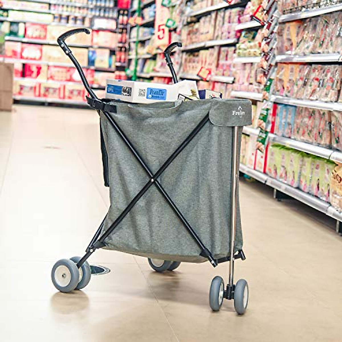Freshore Utility Shopping Cart with Wheels - Collapsible Push Folding Grocery Wagon Trolley 丨 Laundry Trolley Carrier with Heavy Duty Flexible Fashion Design (Navy Blue)