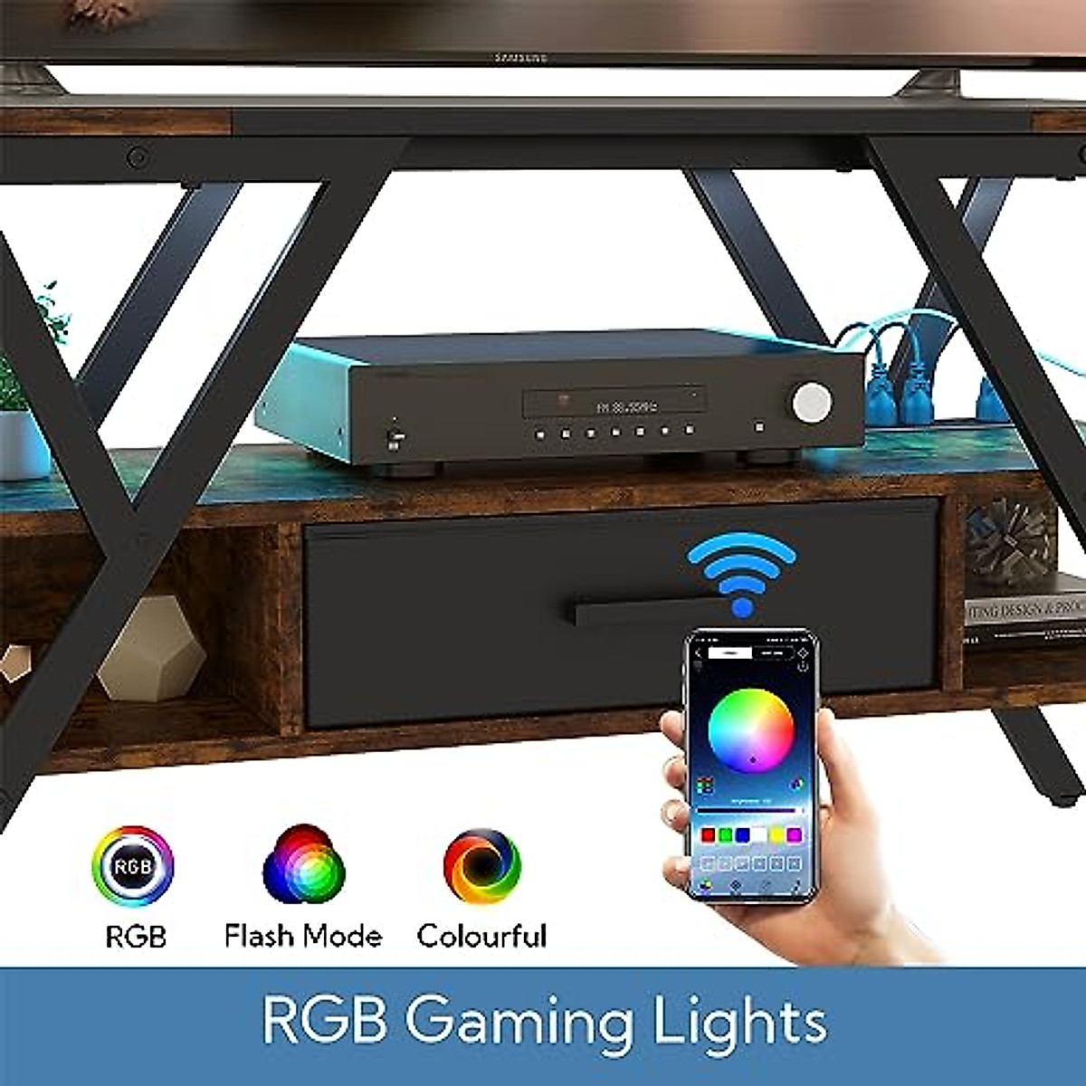 Yusong 65 inch LED TV Stand, Entertainment Center Gaming TV Table with Outlets, Up to 65" Media Console for Living Room, 29+DIY Dynamic RGB Modes, Rustic Brown and Black