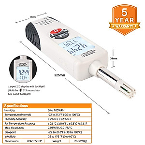 Hygro-Thermometer Psychrometer, Handheld Digital Humidity Temperature Meter with Dew Point and Wet Bulb Temperature, Dual Display Temperature & Humidity, Hti-Xintai