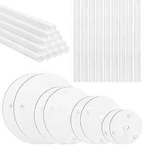 ZEAYEA 24 Pieces Cake Dowel Rods with 8 Pieces Cake Separator Plates for 4, 6, 8, 10 Inch Tiered Cakes, Plastic Cake Sticks Support Rods with Cake Board for 4 Tiered Cake Construction and Stacking