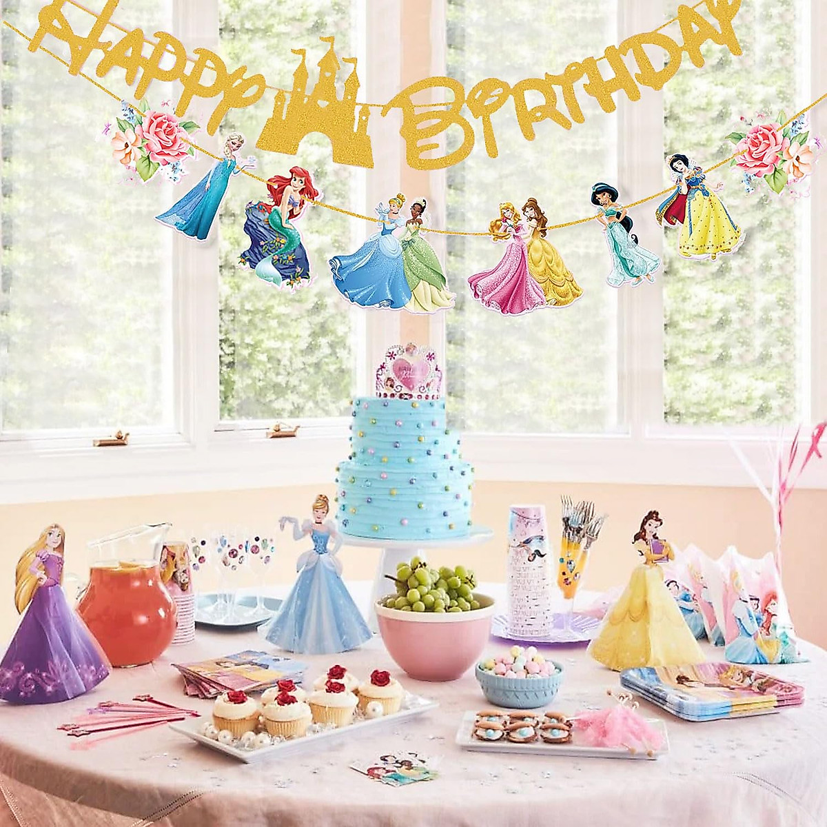 Princess Birthday Banner for Girls, Princess Birthday Party Decoration For Girls Kids Birthday Party Baby Shower Decorations (Gold)