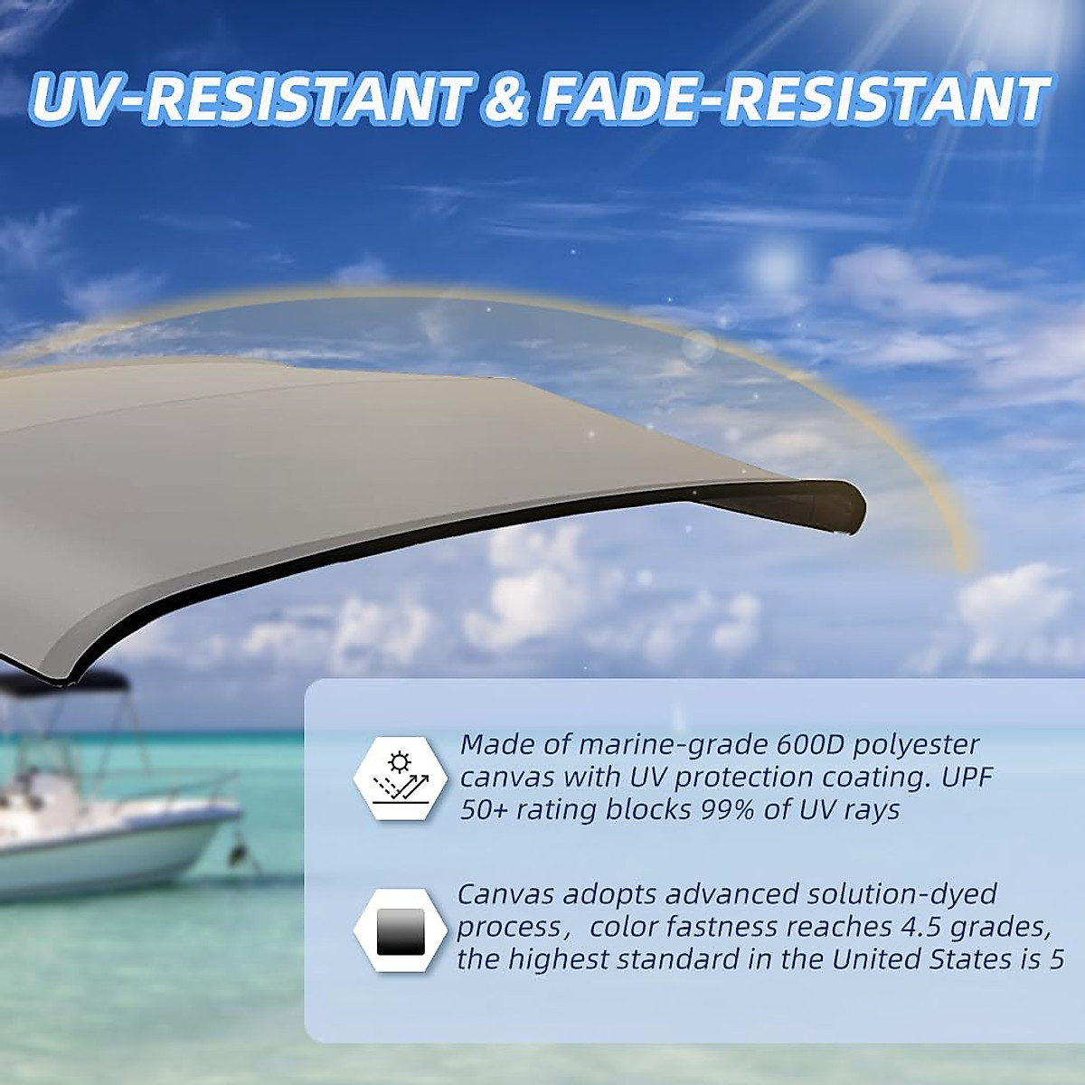 4 Bow Marine Grade Fade and Crack Resistant Bimini Top Replacement Cover, Heavy-Duty Waterproof and UV-proof Sun Shade Boat Canopy, Easy Install Zipper Sleeve Boat Awning/Without Frame, Grey