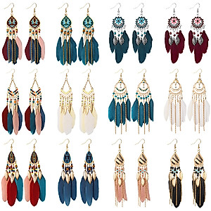12 Pairs Feather Earrings Women Vintage Bohemian Earrings Long Drop Dangle Earrings Set With Dream Catcher Design