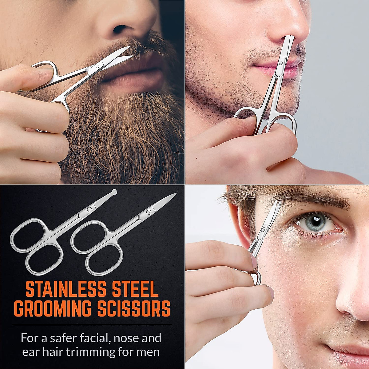 Stainless Steel Grooming Scissors - Eyebrow Scissor, Beard & Mustache Trimming Set, Small Curved & Rounded Tip Facial Hair Trimmer Kit for A Much Safer Ear, Nose Hair Clipper for Men & Travel Case